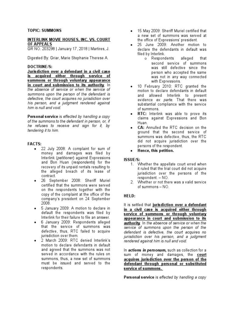 Interlink Movie Houses VS Ca | PDF | Summons | Lawsuit
