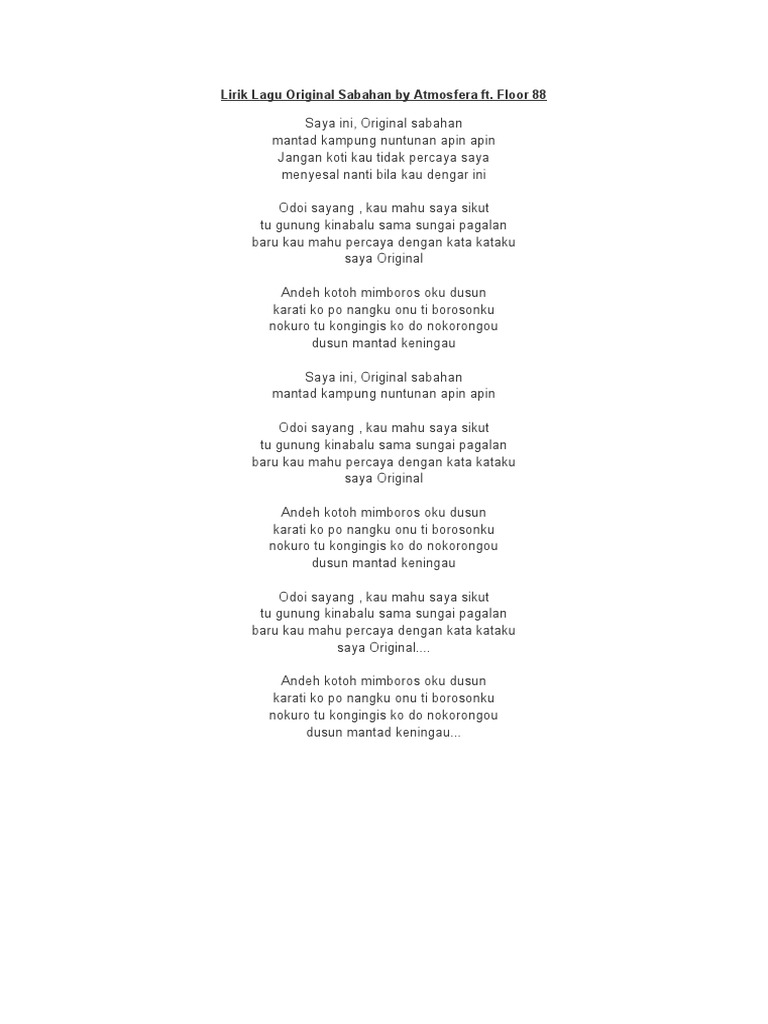Lirik Lagu Original Sabahan by Atmosfera FT | PDF | Puisi