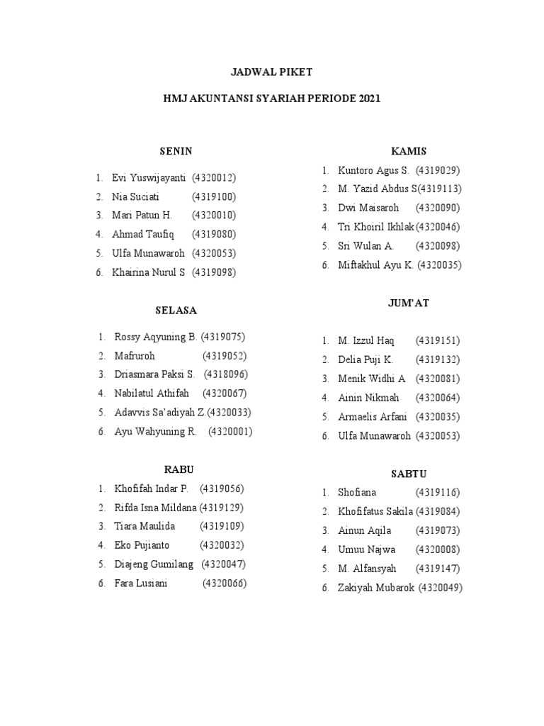Jadwal Piket HMJ | PDF