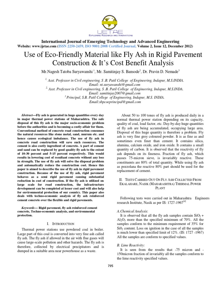 Utilization of Fly Ash in Rigid Pavement Construction and its Cost ...