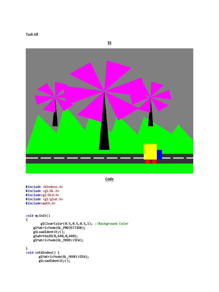 Creating a 3D Scene Using OpenGL Featuring a Moving Car, Road, Mountains and Windmills | PDF ...