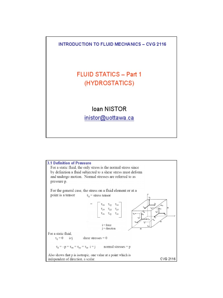 Fluid Statics - Part 1 (Hydrostatics) : Ioan Nistor | PDF | Pressure Measurement | Pressure