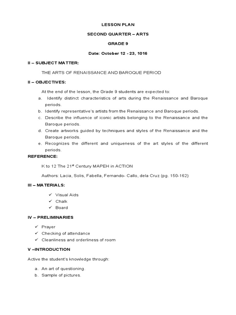 Lesson Plan Second Quarter - Arts Grade 9 Date: October 12 - 23, 1016 ...
