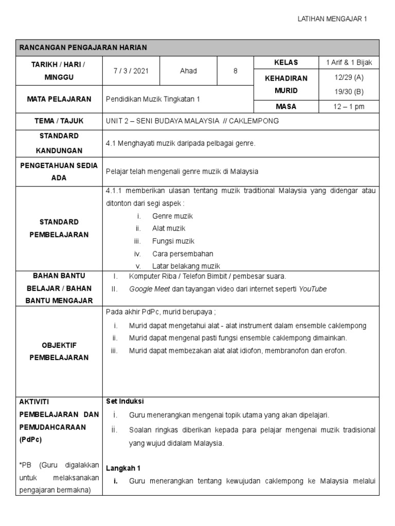RPH 1 Arif & 1 Bijak (Week 8) | PDF