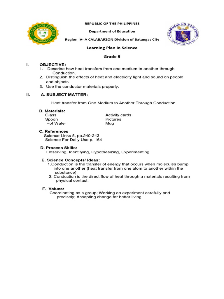 Learning Plan in Science Grade 5 | PDF | Heat Transfer | Thermal Conduction