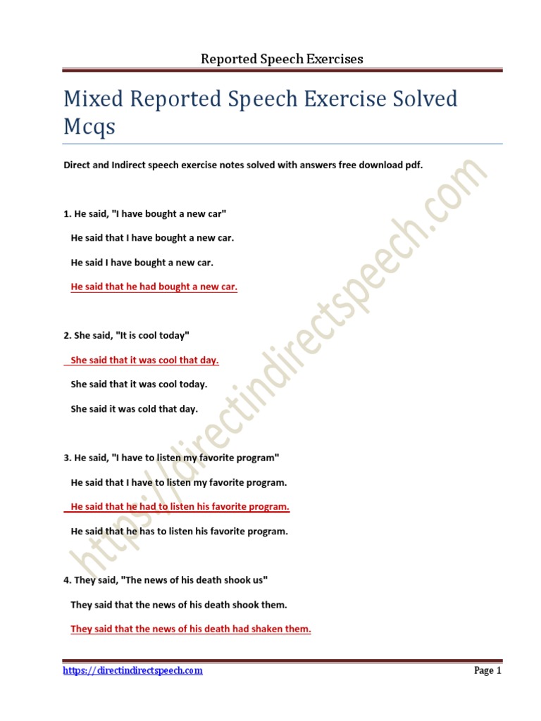 Mixed Reported Speech Exercise Solved Mcqs | PDF