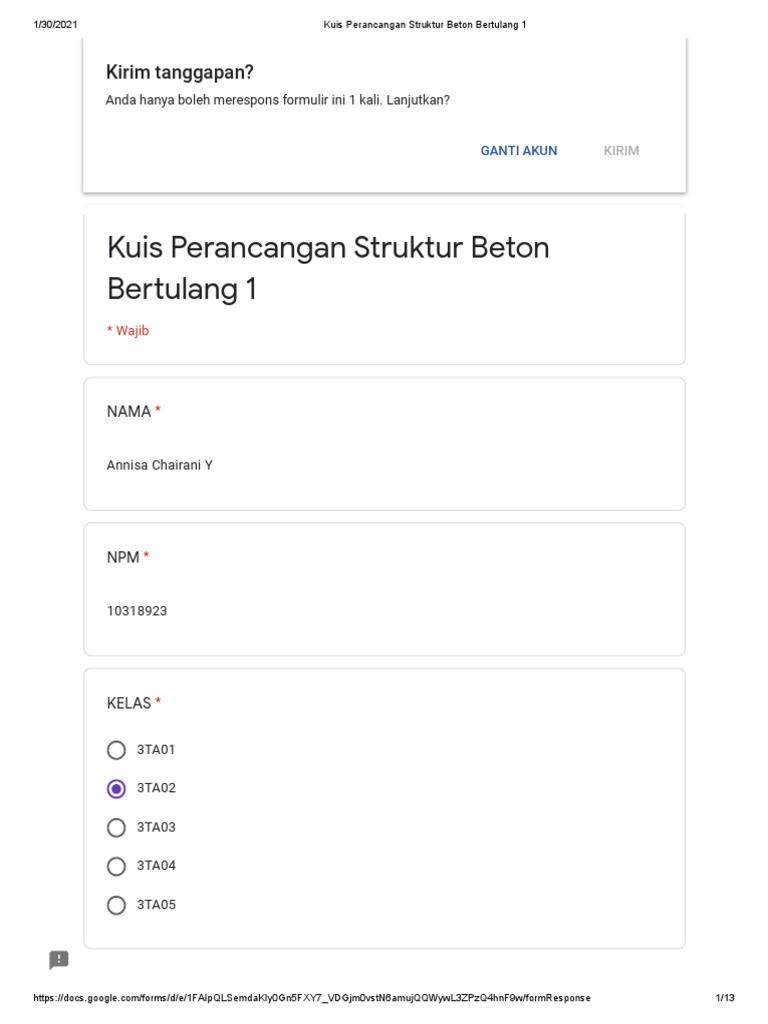 Kuis Perancangan Struktur Beton Bertulang 1 | PDF