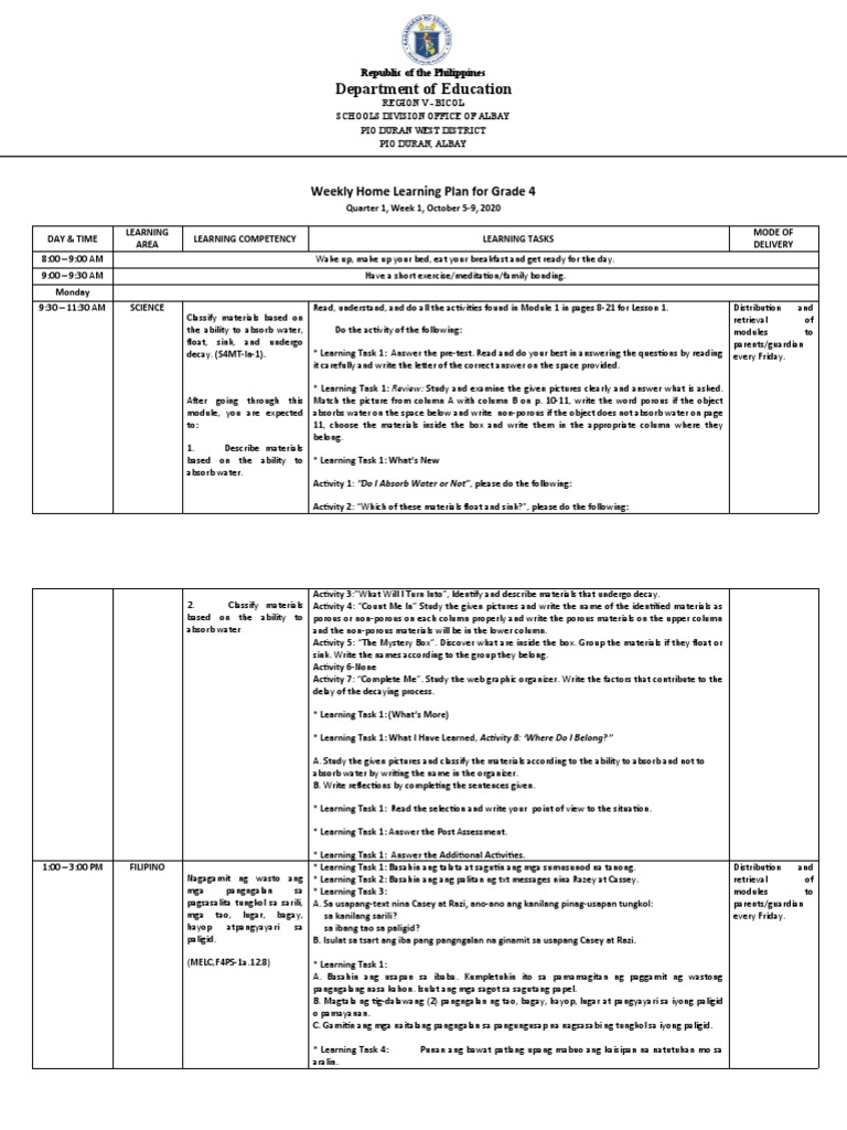 Department of Education: Weekly Home Learning Plan For Grade 4 | PDF ...