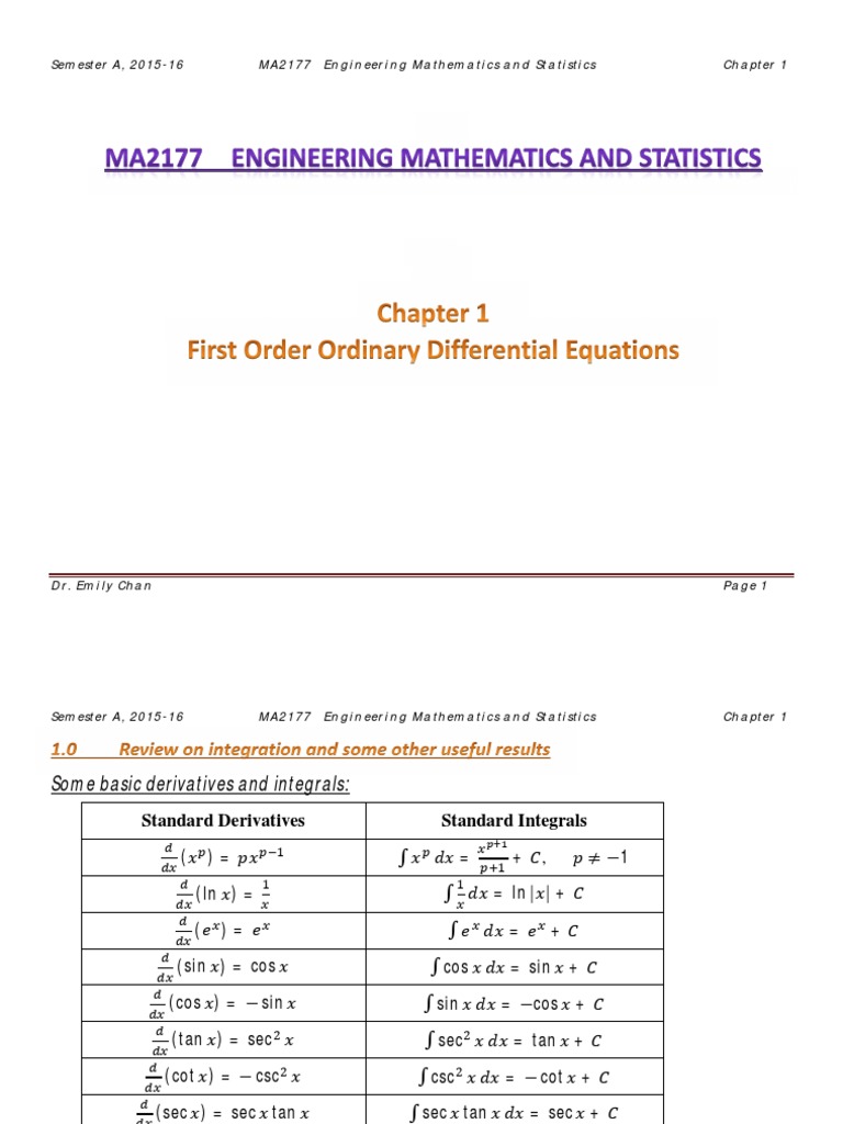 MA2177 Chapter 1 Engineering Math and Stats Derivatives and Integrals ...