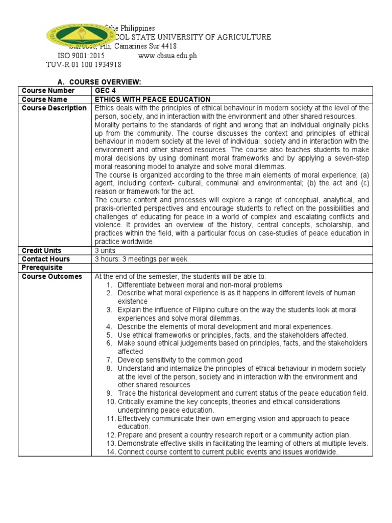 ETHICS WITH PEACE EDUCATION Module CBSUA File | PDF | Morality | Free Will