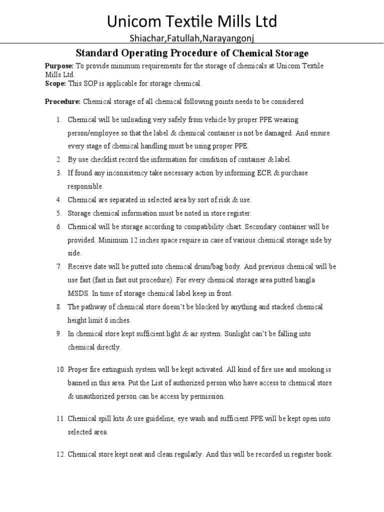 Standard Operating Procedure of Chemical Storage | PDF