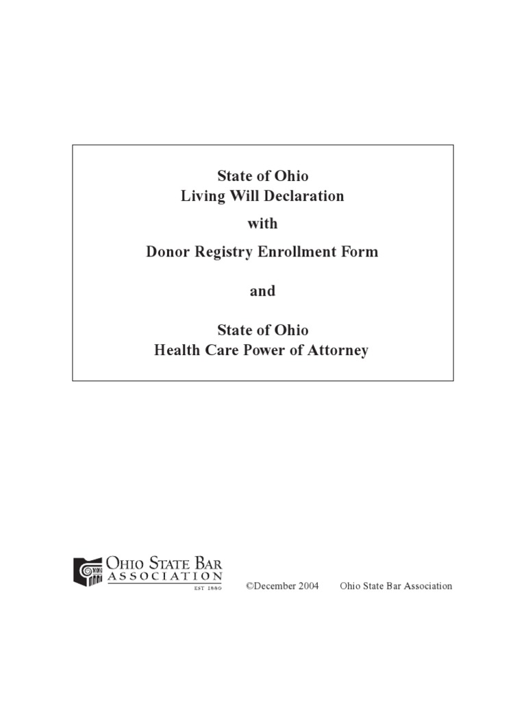 State of Ohio Living Will Declaration With Donor Registry Enrollment ...