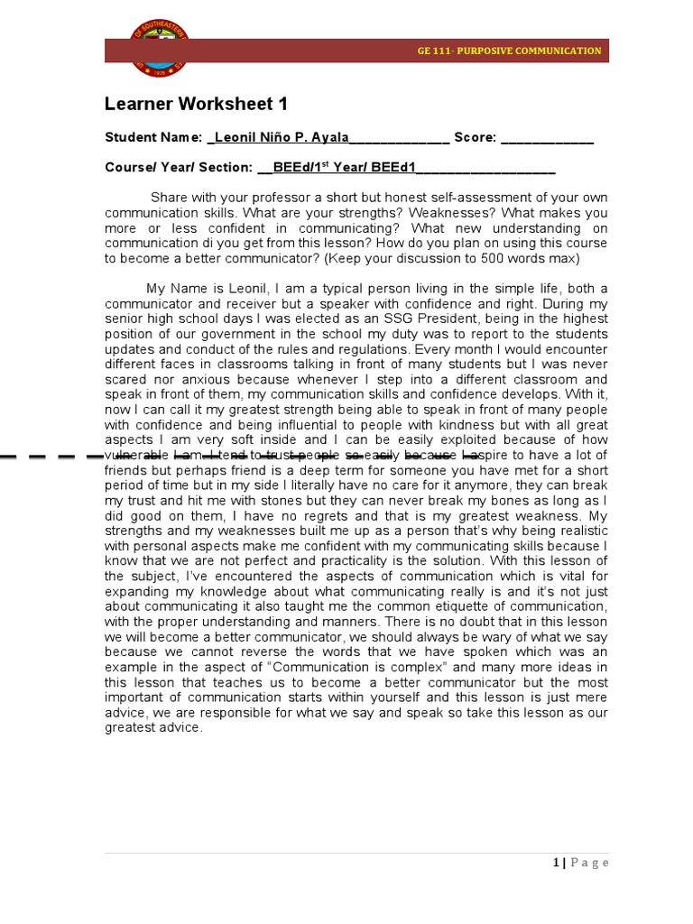 Learner Worksheet 1 | PDF | Communication | Learning