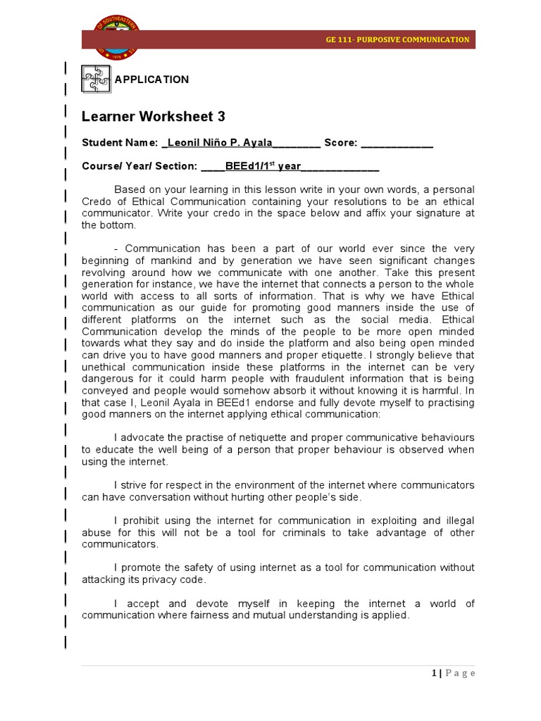 Learner Worksheet 3 | PDF | Etiquette | Internet