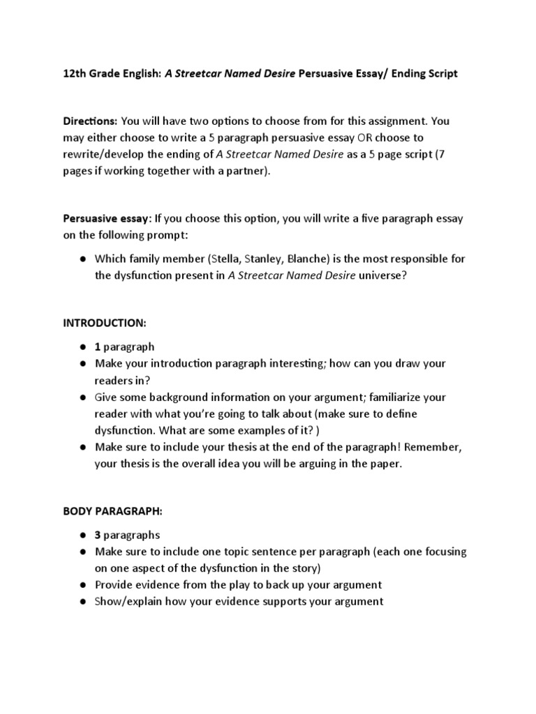 12th Grade English A Streetcar Named Desire Persuasive Essay Ending ...