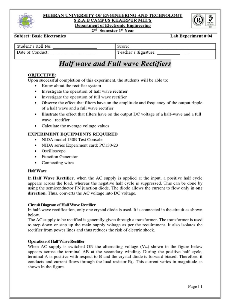 Lab 4 Half Wave and Full Wave | PDF | Rectifier | Diode