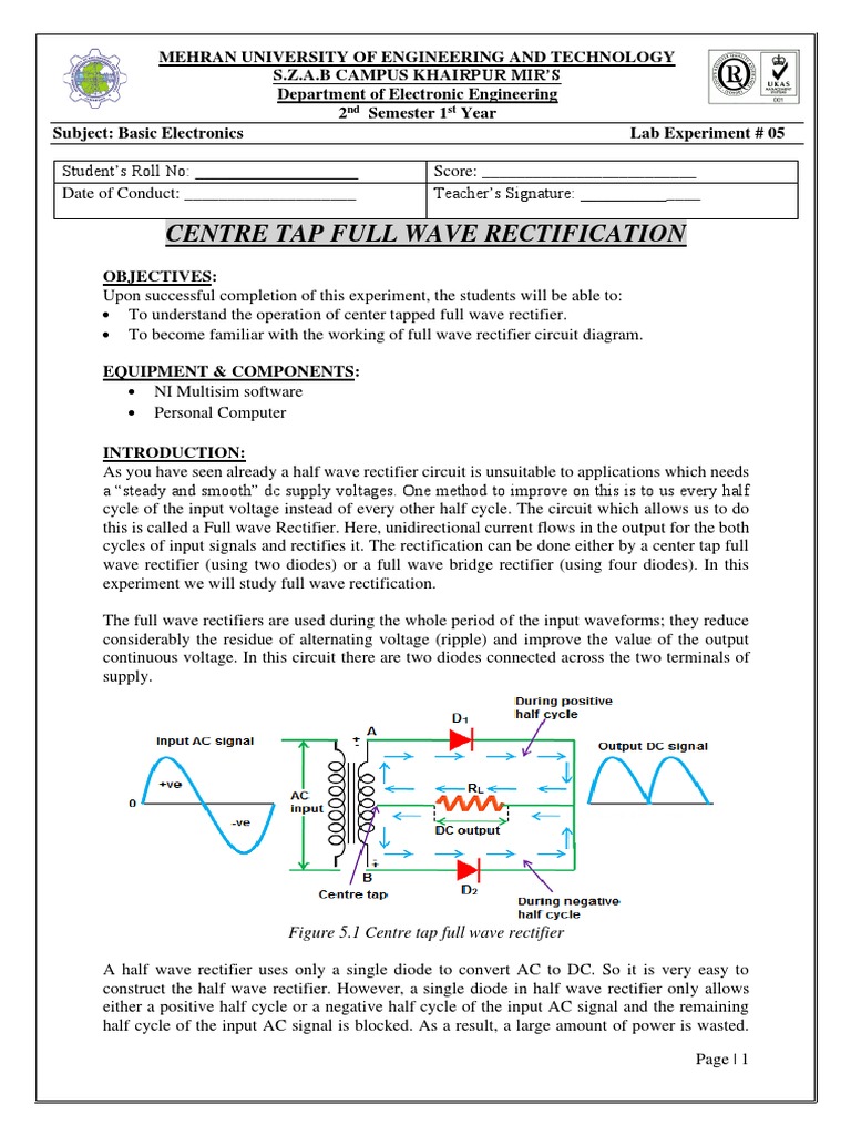 Center-Tapped Full Wave Rectifier Lab | PDF | Rectifier | Transformer