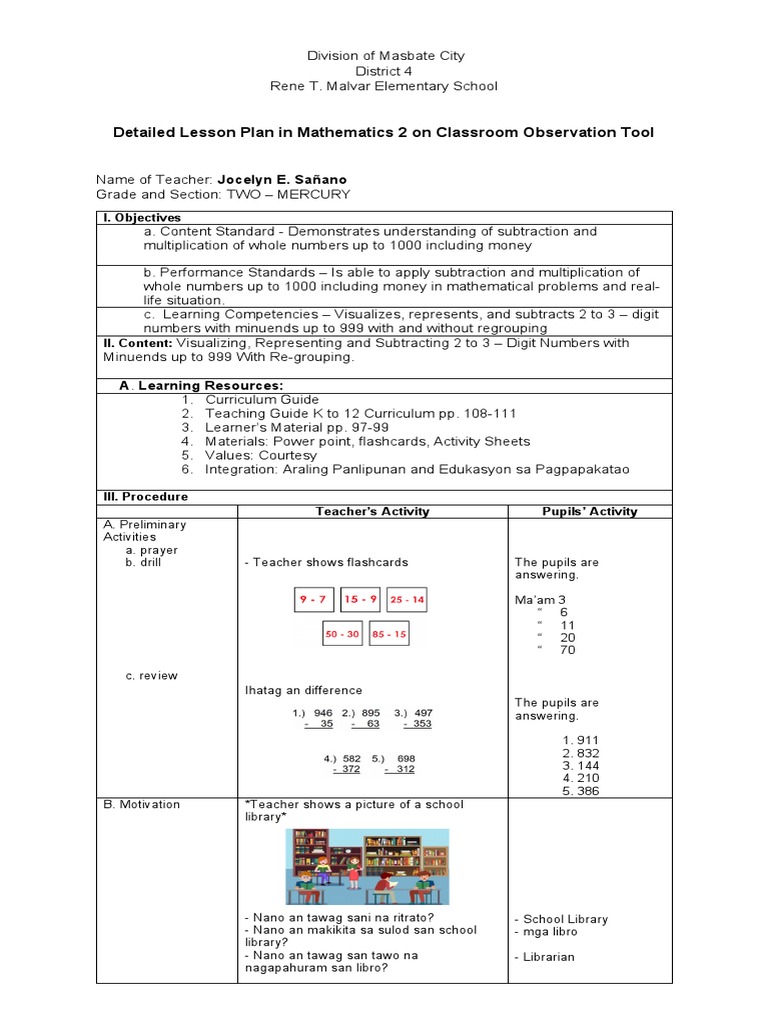 Detailed Lesson Plan in Mathematics 2 On Classroom Observation Tool ...