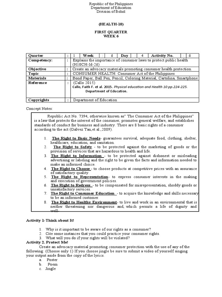 Health-10 Q1 Laswk6 | PDF | Consumer Protection | Policy Health-10 Q1 Laswk6 | PDF | Consumer Protection | Policy