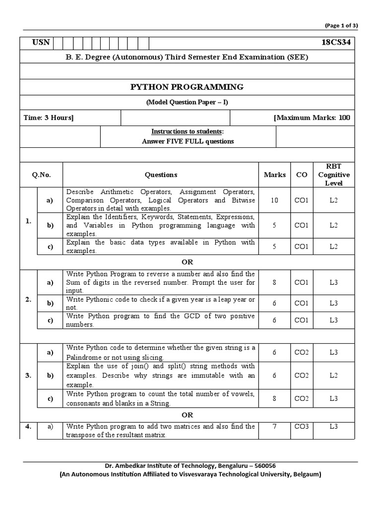 USN 18CS34: B. E. Degree (Autonomous) Third Semester End Examination (SEE) | PDF | String ...