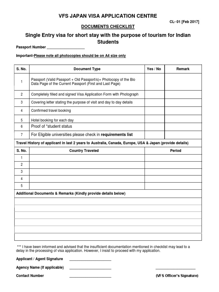 Vfs Japan Visa Application Centre: Documents Checklist | PDF