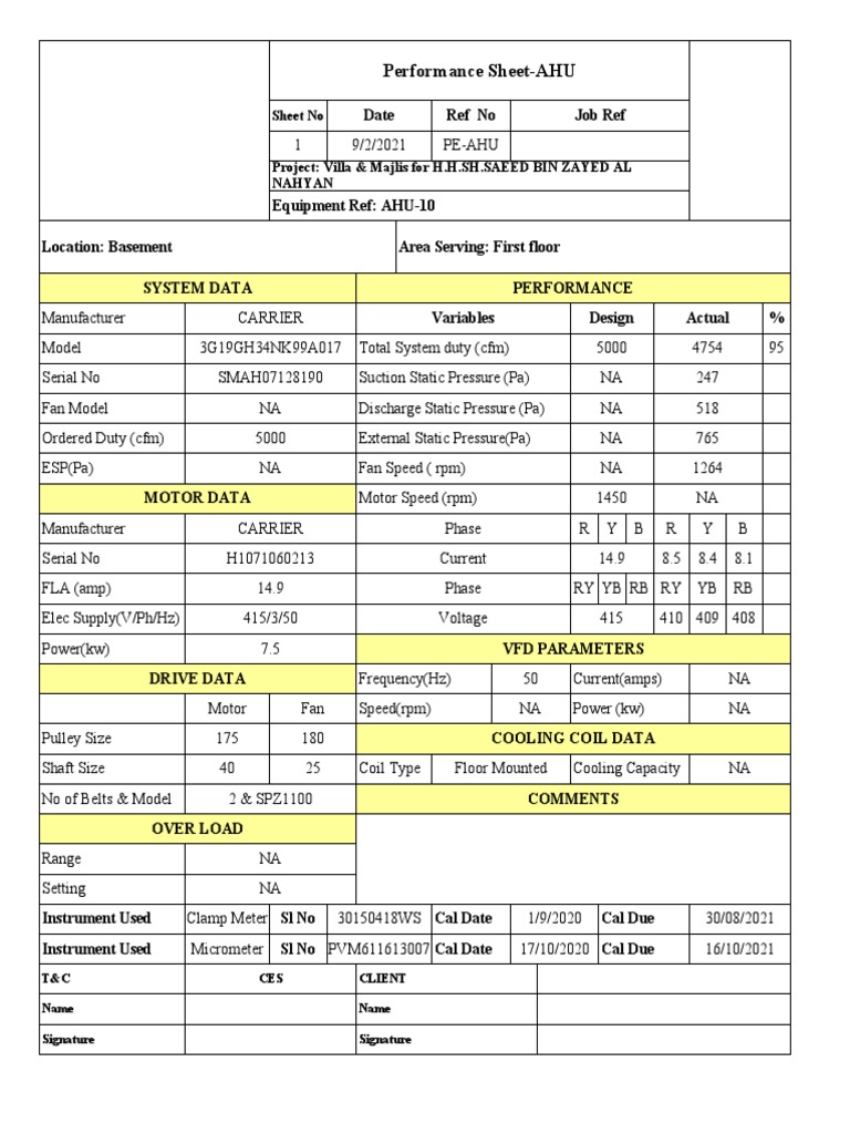 Performance Sheet - AHU-10 | PDF | Electrical Components | Electronics