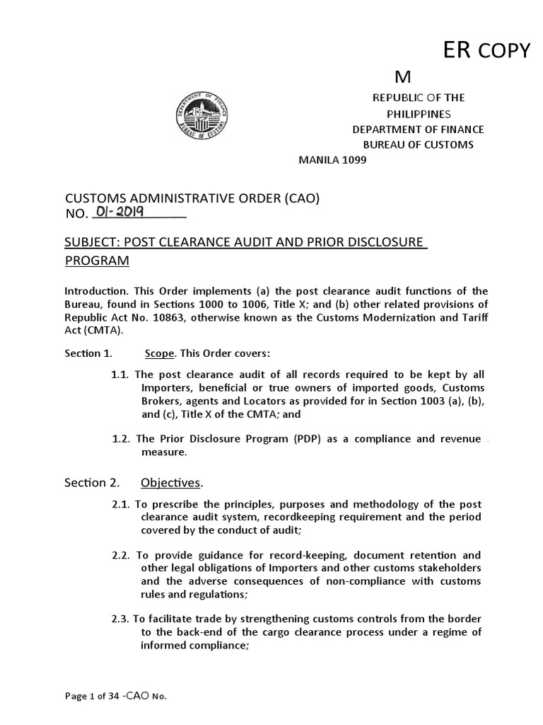 Customs Administrative Order (Cao) NO. Subject: Post Clearance Audit ...