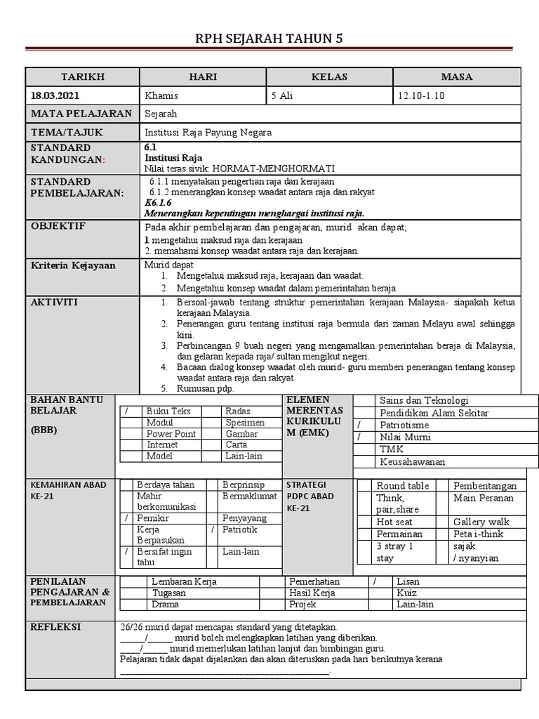 Contoh RPH Sejarah Tahun 5 | PDF