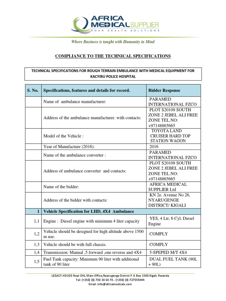 Compliance Technical Specification Ambulance | PDF | Ambulance | Equipment