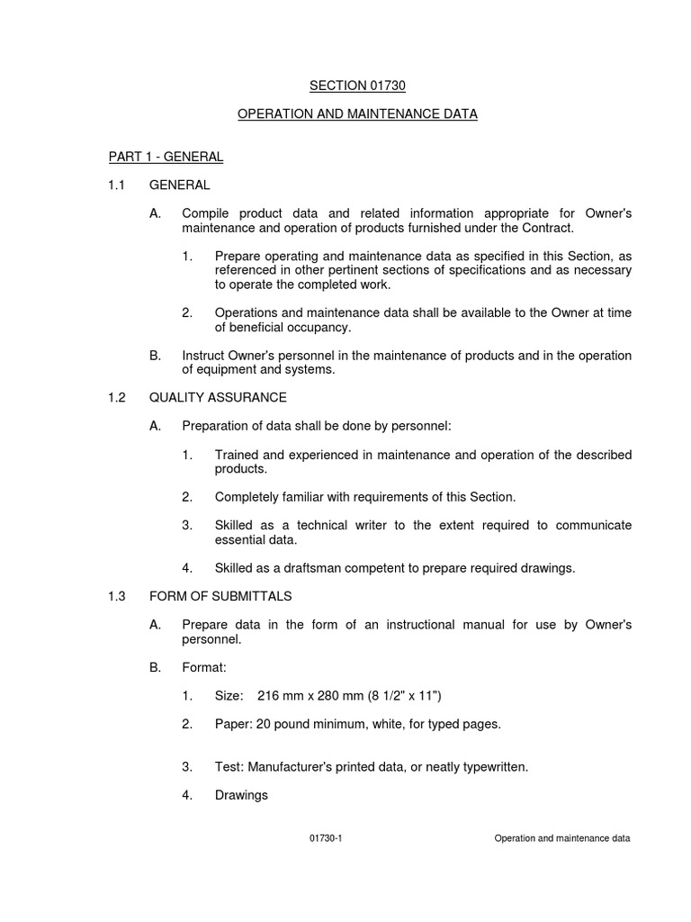 01730-1 Operation and Maintenance Data | PDF | Specification (Technical ...