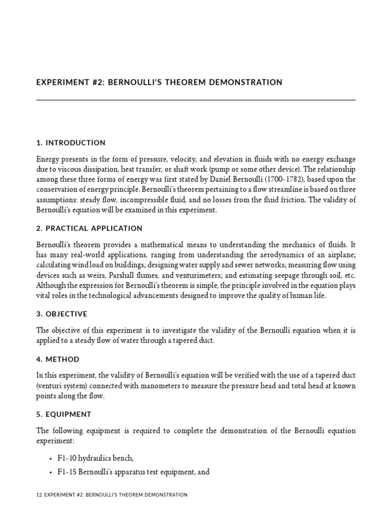 12 Experiment #2: Bernoulli'S Theorem Demonstration | PDF | Fluid ...