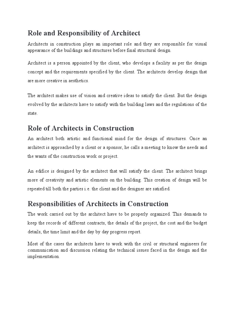 Role and Responsibility of Architect | PDF | Project Management | Architect