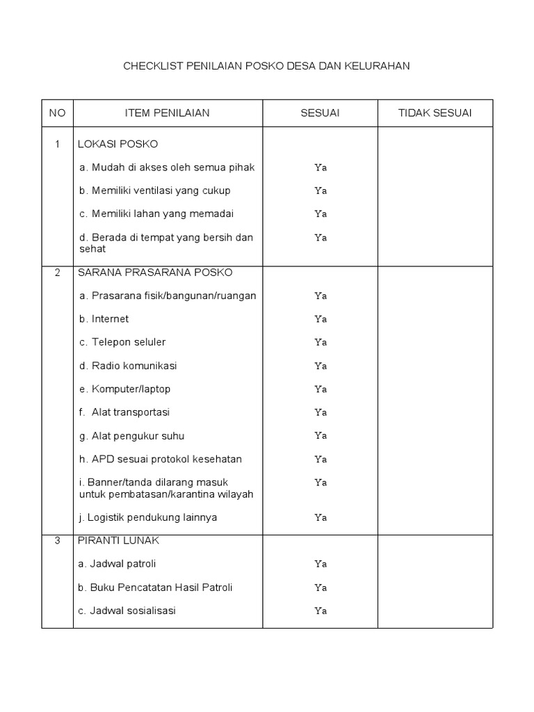 Checklist Penilaian Posko Desa Dan Kelurahan-Desa Surusunda Kec - KArangpucung | PDF