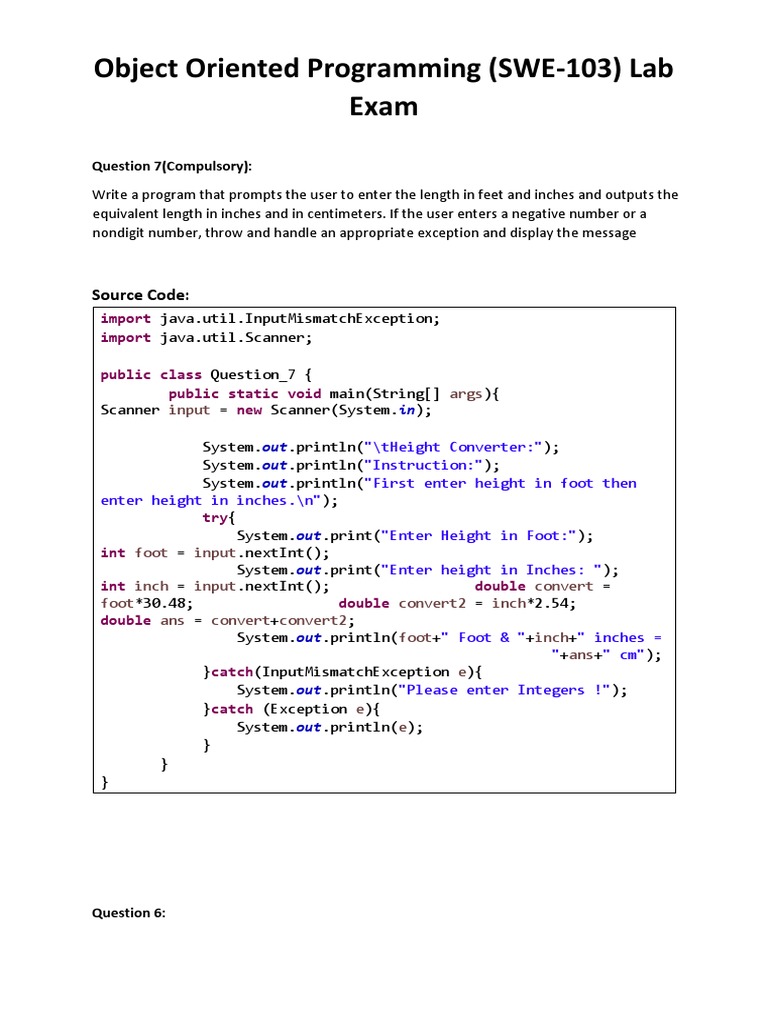 Object Oriented Programming (SWE-103) Lab Exam: Source Code | PDF ...