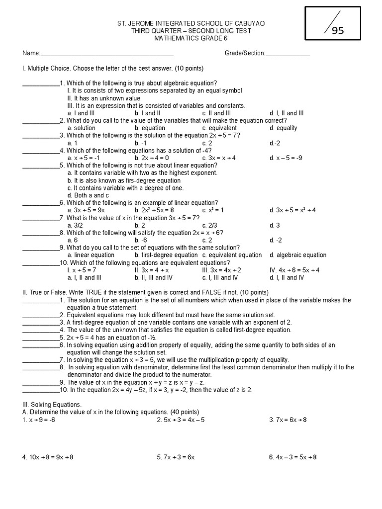 Math 6 - Third Quarter 2nd Long Test | PDF | Equations | Variable ...