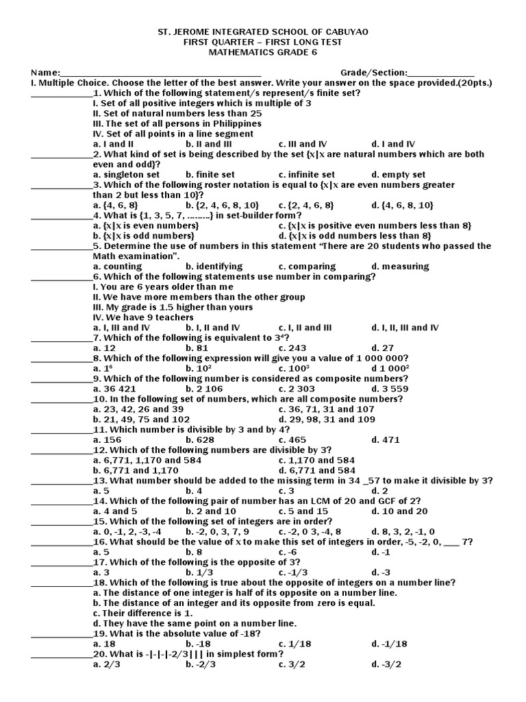 Math 6 - First Quarter First Long Test | PDF | Integer | Numbers