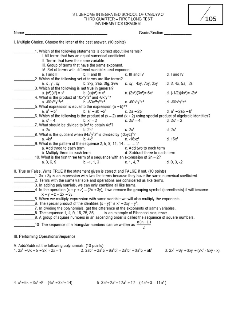 Math 6 - Third Quarter 1st Long Test | Download Free PDF | Polynomial ...