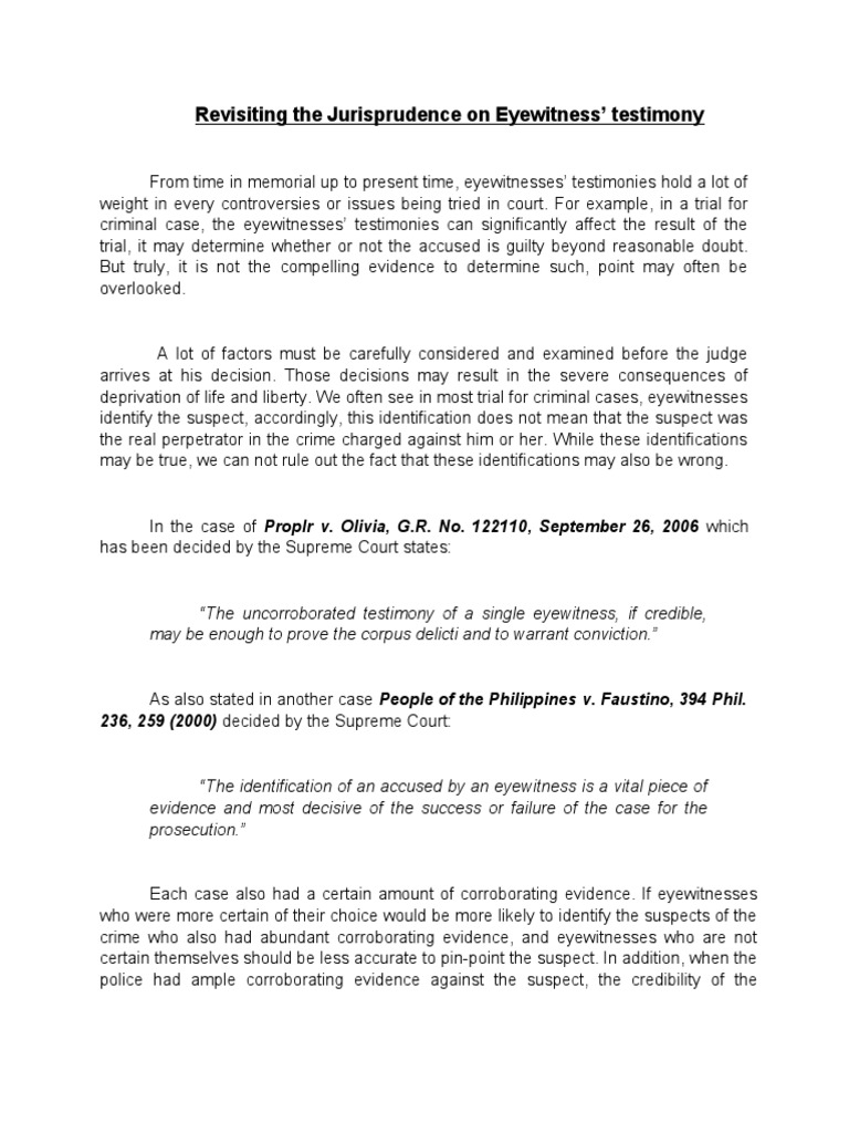 Revisiting The Jurisprudence On Eyewitness | PDF | Witness | Burden Of ...