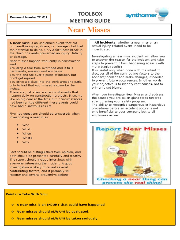 Near Misses: Toolbox Meeting Guide | PDF | Safety | Accident (General)