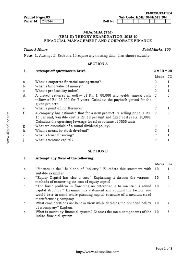 Financial Management Exam Paper 2018-19 | PDF | Capital Structure ...