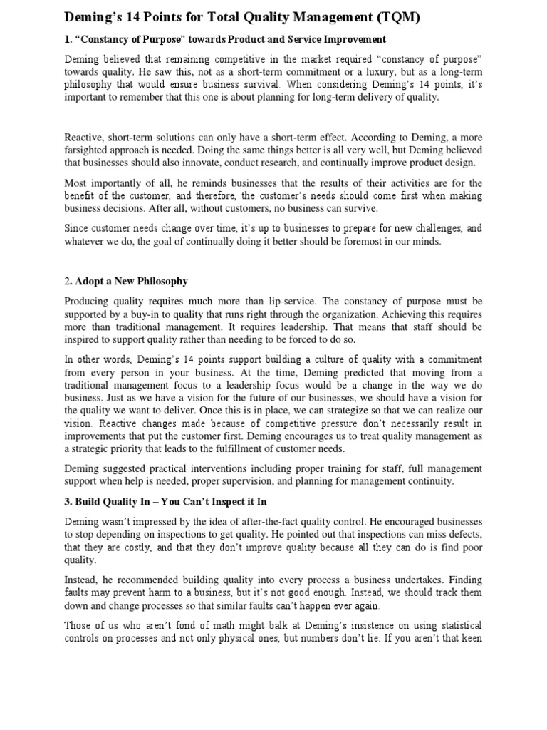 Deming's 14 Points For Total Quality Management (TQM) | PDF | Sales ...