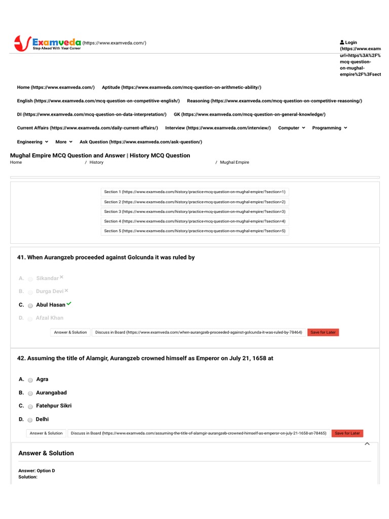 Mughal Empire MCQ Question and Answer - History MCQ Question Page-9 ...