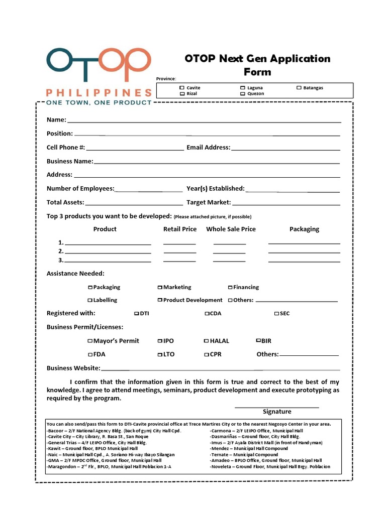 OTOP Next Gen Application Form: Packaging Marketing Financing Labelling ...
