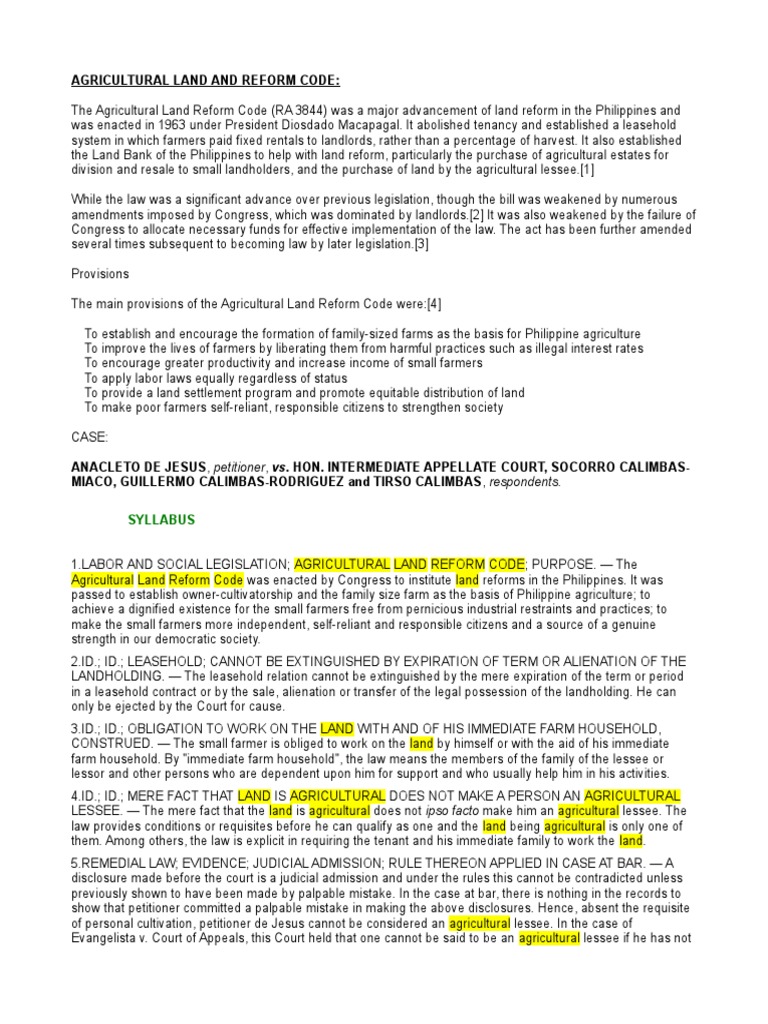 Agricultural Land Reform Code Overview | PDF | Lease | Leasehold Estate