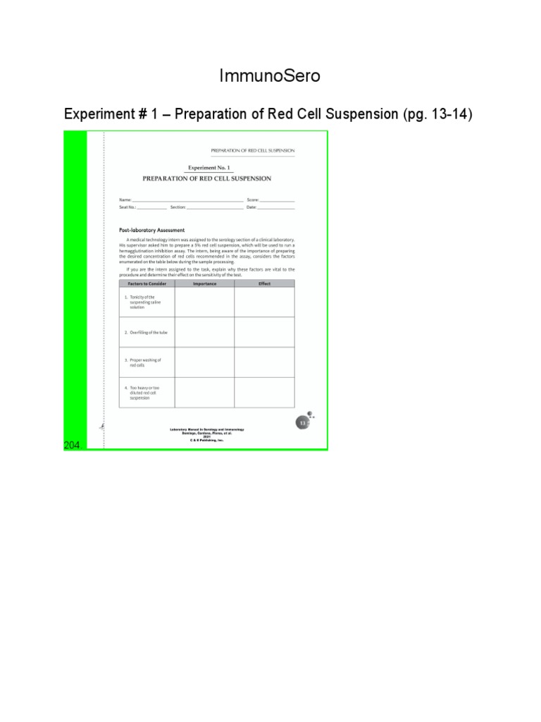 Immunosero: Experiment # 1 - Preparation of Red Cell Suspension (Pg. 13 ...