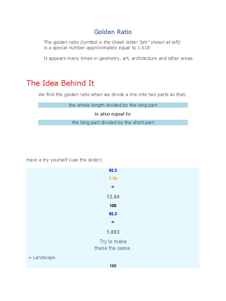 The Idea Behind It: Golden Ratio | PDF | Arithmetic | Mathematical Concepts
