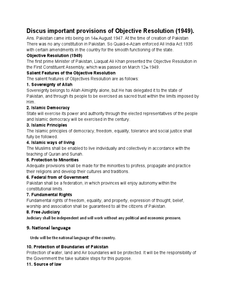 Important provisions of Objective Resolution (1949 | PDF | Pakistan ...
