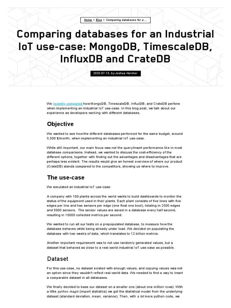 Comparing Databases For An Industrial IoT Use-Case: MongoDB, TimescaleDB, InfluxDB and CrateDB ...