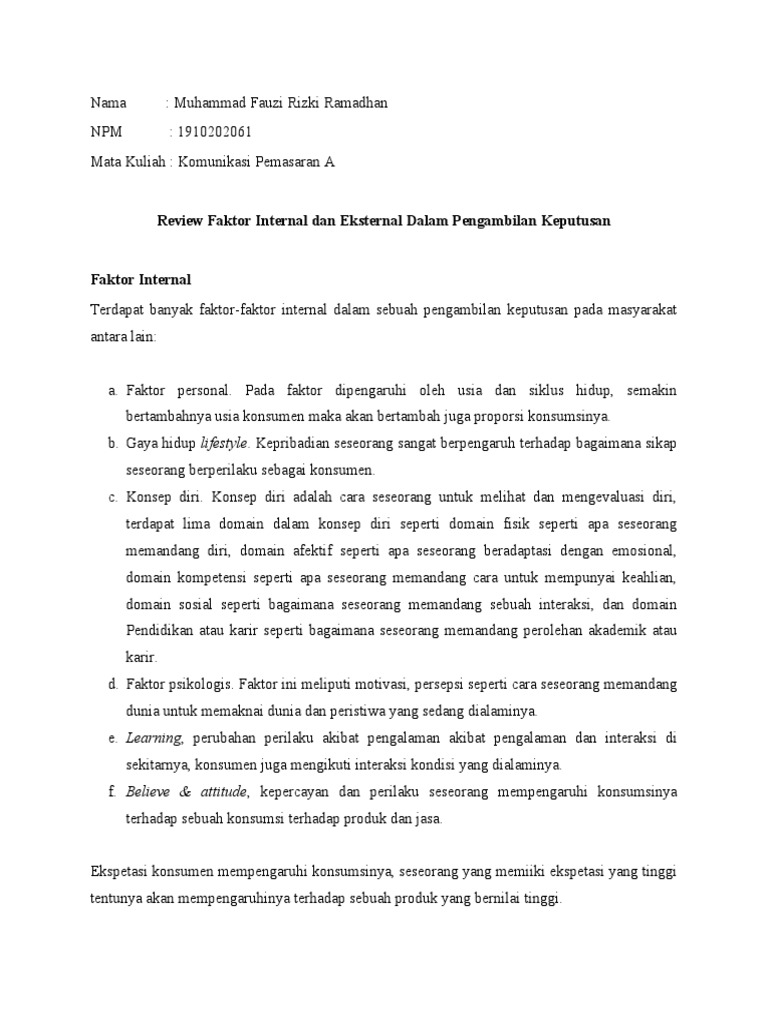 Review Faktor Internal Dan Eksternal Dalam Pengambilan Keputusan | PDF