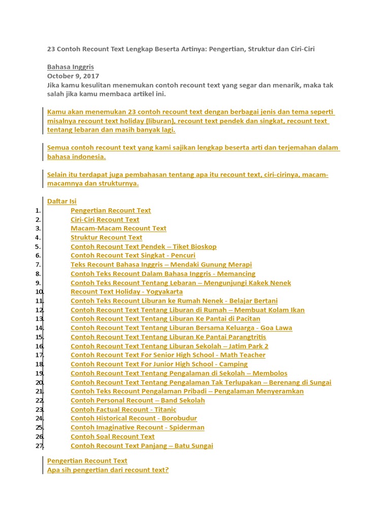 23 Contoh Recount Text Lengkap Beserta Artinya | PDF